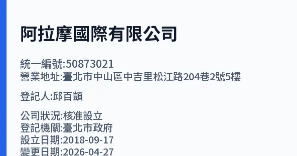 阿拉摩國際有限公司的照片-統編 50873021(臺北市) 公司登記資料與營業項目詳細圖表