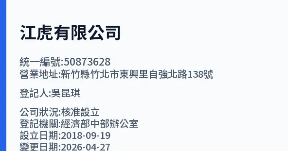 江虎有限公司的照片-統編 50873628(新竹縣) 公司登記資料與營業項目詳細圖表