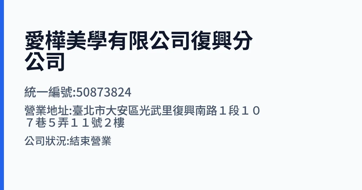 愛樺美學有限公司復興分公司 - 統編 50873824(臺北市) 公司登記資料與營業項目詳細圖表