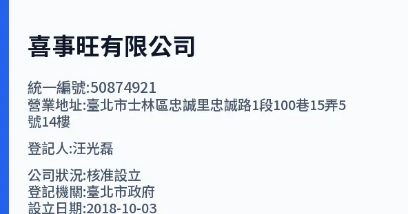 喜事旺有限公司的照片-統編 50874921(臺北市) 公司登記資料與營業項目詳細圖表