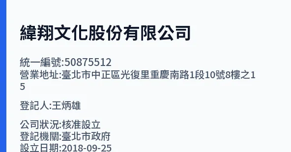緯翔文化股份有限公司的照片-統編 50875512(臺北市) 公司登記資料與營業項目詳細圖表