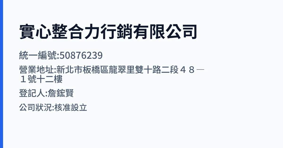 實心整合力行銷有限公司 - 統編 50876239(新北市) 公司登記資料與營業項目詳細圖表