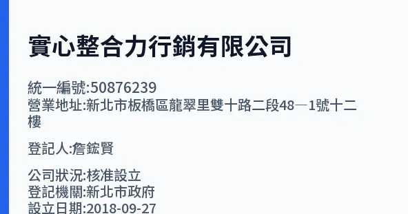 實心整合力行銷有限公司的照片-統編 50876239(新北市) 公司登記資料與營業項目詳細圖表