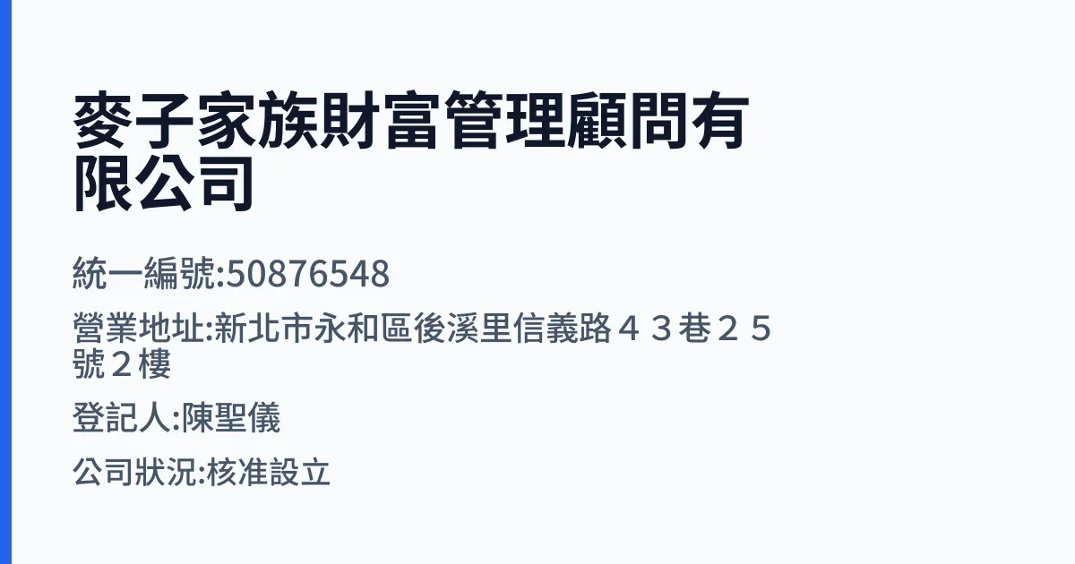 麥子家族財富管理顧問有限公司 - 統編 50876548(新北市) 公司登記資料與營業項目詳細圖表