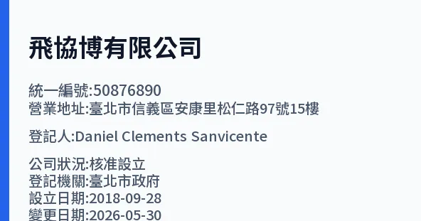 飛協博有限公司的照片-統編 50876890(臺北市) 公司登記資料與營業項目詳細圖表