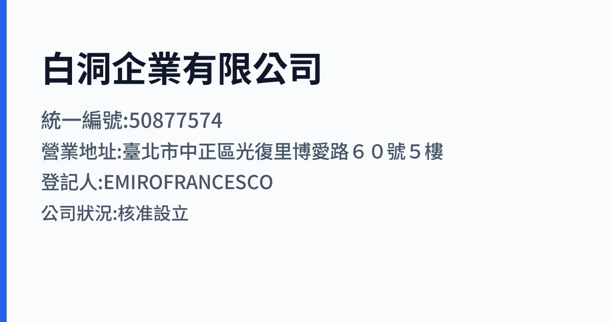 白洞企業有限公司 - 統編 50877574(臺北市) 公司登記資料與營業項目詳細圖表
