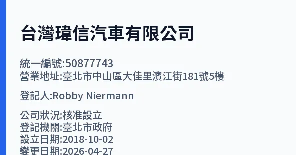 台灣瑋信汽車有限公司的照片-統編 50877743(臺北市) 公司登記資料與營業項目詳細圖表