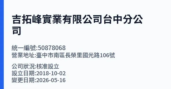 吉拓峰實業有限公司台中分公司的照片-統編 50878068(臺中市) 公司登記資料與營業項目詳細圖表