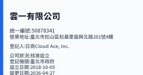 雲一有限公司的照片-統編 50878341(臺北市) 公司登記資料與營業項目詳細圖表