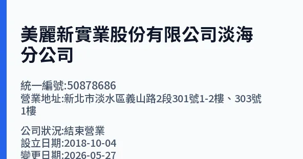 美麗新實業股份有限公司淡海分公司的照片-統編 50878686(新北市) 公司登記資料與營業項目詳細圖表