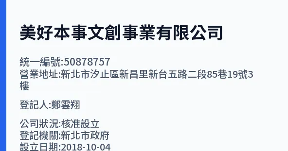 美好本事文創事業有限公司的照片-統編 50878757(新北市) 公司登記資料與營業項目詳細圖表