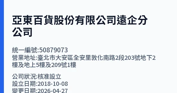亞東百貨股份有限公司遠企分公司的照片-統編 50879073(臺北市) 公司登記資料與營業項目詳細圖表