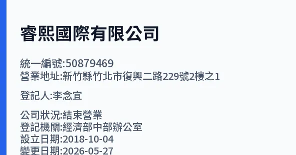 睿熙國際有限公司的照片-統編 50879469(新竹縣) 公司登記資料與營業項目詳細圖表
