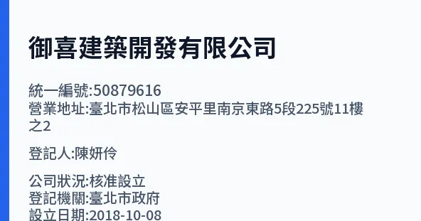 御喜建築開發有限公司的照片-統編 50879616(臺北市) 公司登記資料與營業項目詳細圖表