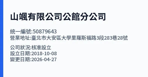 山颯有限公司公館分公司的照片-統編 50879643(臺北市) 公司登記資料與營業項目詳細圖表