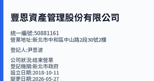 豐恩資產管理股份有限公司的照片-統編 50881161(新北市) 公司登記資料與營業項目詳細圖表