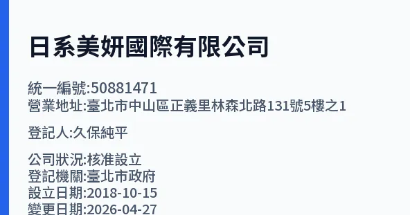 日系美妍國際有限公司的照片-統編 50881471(臺北市) 公司登記資料與營業項目詳細圖表