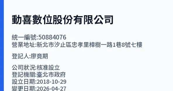 動喜數位股份有限公司的照片-統編 50884076(新北市) 公司登記資料與營業項目詳細圖表