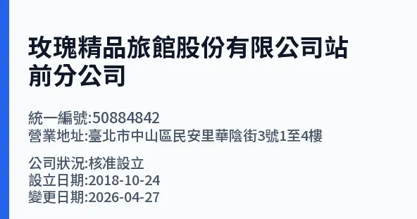 玫瑰精品旅館股份有限公司站前分公司的照片-統編 50884842(臺北市) 公司登記資料與營業項目詳細圖表