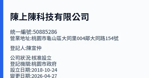 陳上陳科技有限公司的照片-統編 50885286(桃園市) 公司登記資料與營業項目詳細圖表