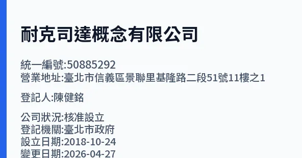 耐克司達概念有限公司的照片-統編 50885292(臺北市) 公司登記資料與營業項目詳細圖表