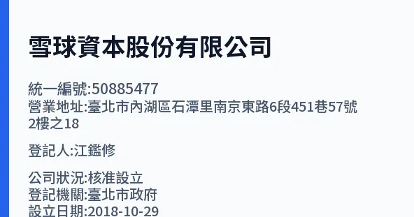 雪球資本股份有限公司的照片-統編 50885477(臺北市) 公司登記資料與營業項目詳細圖表