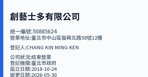 創藝士多有限公司的照片-統編 50885624(臺北市) 公司登記資料與營業項目詳細圖表