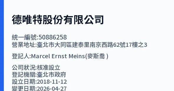 德唯特股份有限公司的照片-統編 50886258(臺北市) 公司登記資料與營業項目詳細圖表