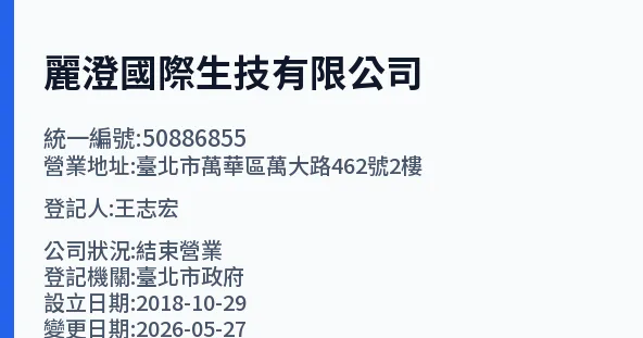 麗澄國際生技有限公司的照片-統編 50886855(臺北市) 公司登記資料與營業項目詳細圖表