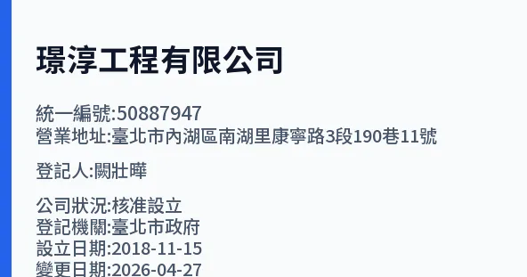 璟淳工程有限公司的照片-統編 50887947(臺北市) 公司登記資料與營業項目詳細圖表