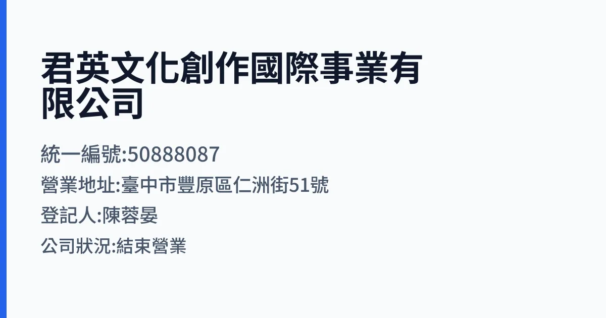 君英文化創作國際事業有限公司 - 統編 50888087(臺中市) 公司登記資料與營業項目詳細圖表