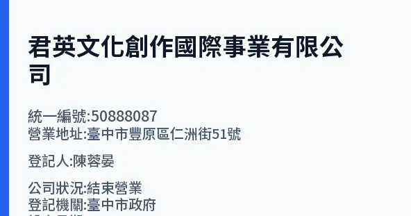 君英文化創作國際事業有限公司的照片-統編 50888087(臺中市) 公司登記資料與營業項目詳細圖表
