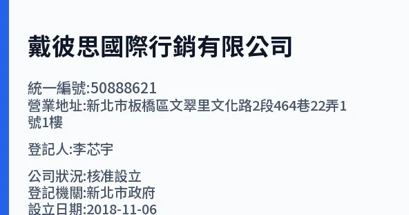 戴彼思國際行銷有限公司的照片-統編 50888621(新北市) 公司登記資料與營業項目詳細圖表