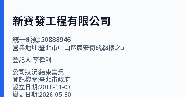 新寶發工程有限公司的照片-統編 50888946(臺北市) 公司登記資料與營業項目詳細圖表