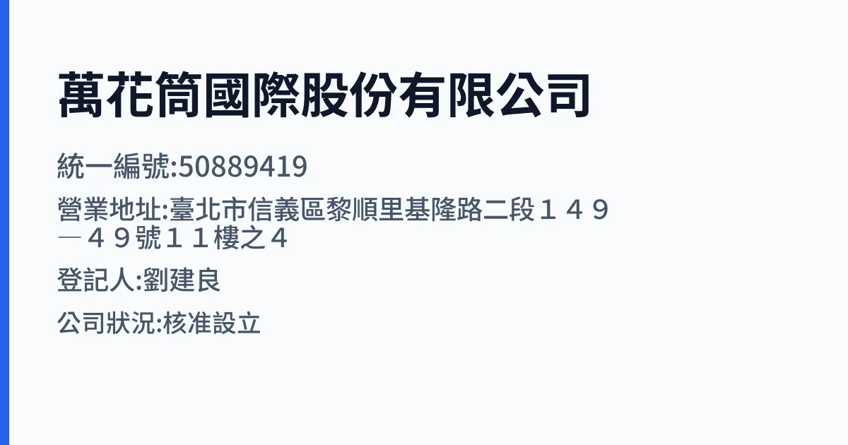 萬花筒國際股份有限公司 - 統編 50889419(臺北市) 公司登記資料與營業項目詳細圖表