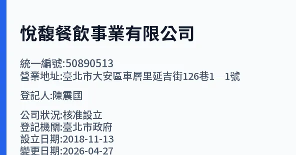 悅馥餐飲事業有限公司的照片-統編 50890513(臺北市) 公司登記資料與營業項目詳細圖表