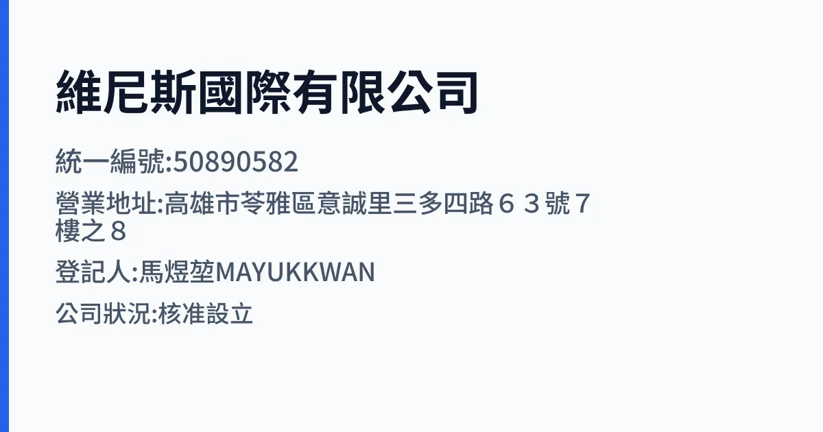 維尼斯國際有限公司 - 統編 50890582(高雄市) 公司登記資料與營業項目詳細圖表
