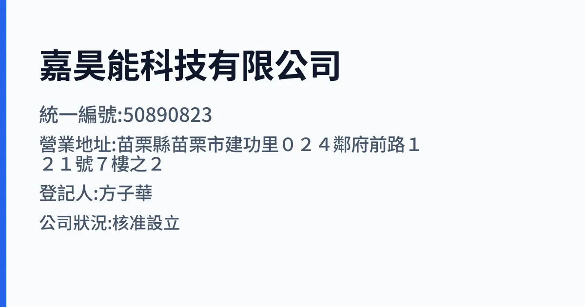 嘉昊能科技有限公司 - 統編 50890823(臺北市) 公司登記資料與營業項目詳細圖表