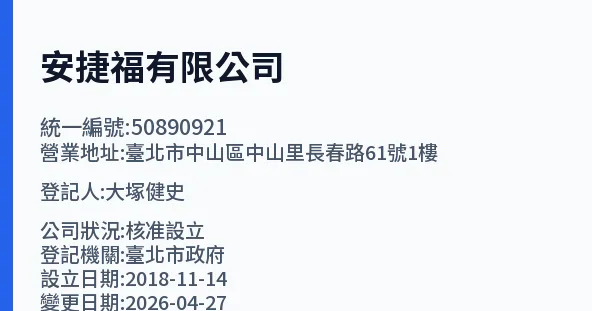 安捷福有限公司的照片-統編 50890921(臺北市) 公司登記資料與營業項目詳細圖表