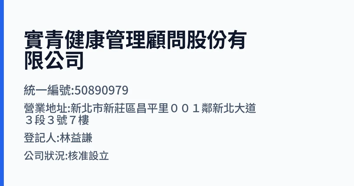 實青健康管理顧問股份有限公司 - 統編 50890979(新北市) 公司登記資料與營業項目詳細圖表