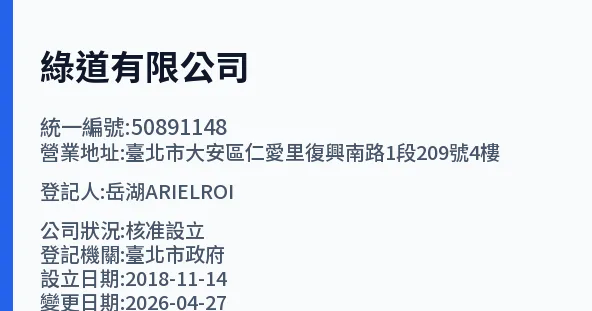 綠道有限公司的照片-統編 50891148(臺北市) 公司登記資料與營業項目詳細圖表