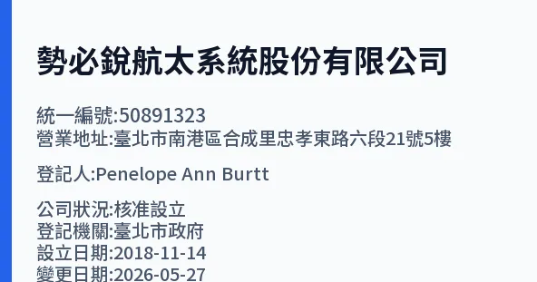勢必銳航太系統股份有限公司的照片-統編 50891323(臺北市) 公司登記資料與營業項目詳細圖表