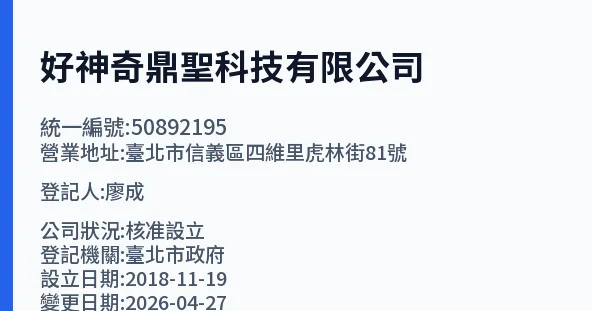 好神奇鼎聖科技有限公司的照片-統編 50892195(臺北市) 公司登記資料與營業項目詳細圖表