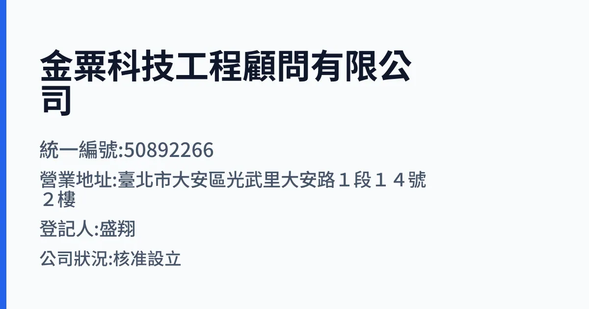 金粟科技工程顧問有限公司 - 統編 50892266(臺北市) 公司登記資料與營業項目詳細圖表