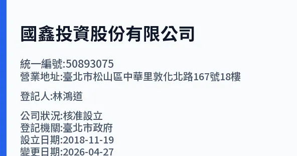 國鑫投資股份有限公司的照片-統編 50893075(臺北市) 公司登記資料與營業項目詳細圖表
