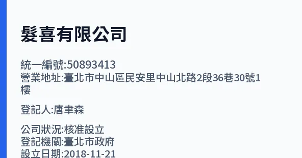 髮喜有限公司的照片-統編 50893413(臺北市) 公司登記資料與營業項目詳細圖表
