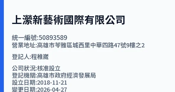 上瀠新藝術國際有限公司的照片-統編 50893589(高雄市) 公司登記資料與營業項目詳細圖表