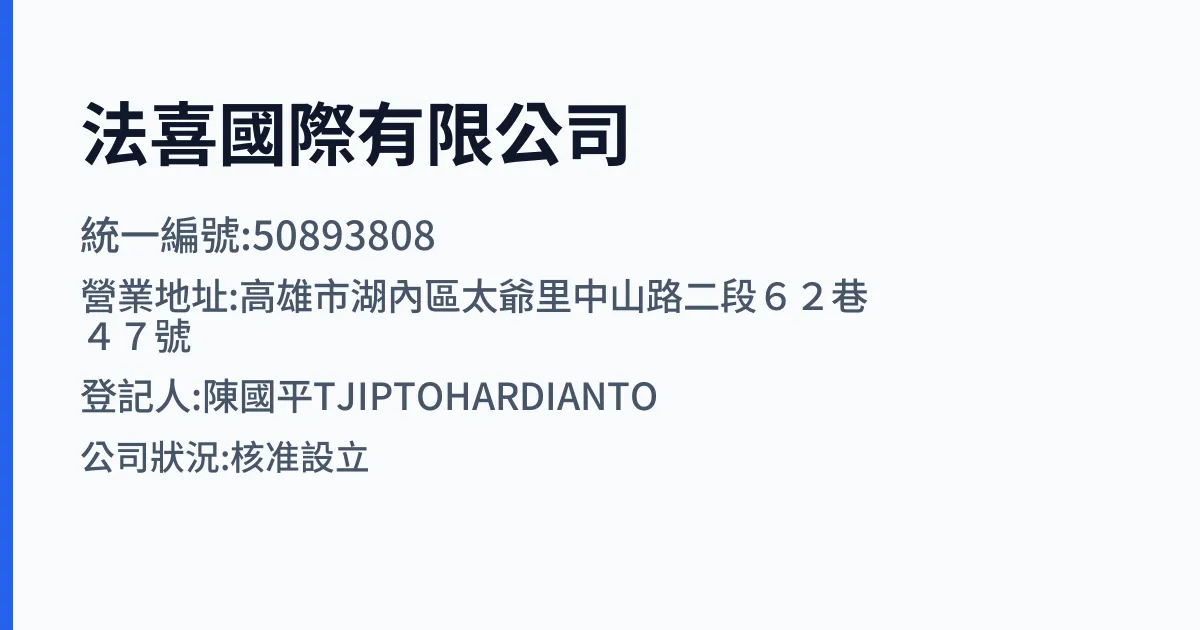 法喜國際有限公司 - 統編 50893808（臺北市） 公司登記資料與營業項目詳細圖表