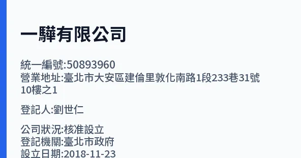 一驊有限公司的照片-統編 50893960(臺北市) 公司登記資料與營業項目詳細圖表