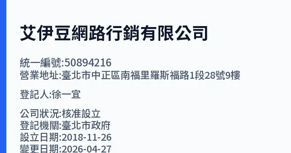 艾伊豆網路行銷有限公司的照片-統編 50894216(臺北市) 公司登記資料與營業項目詳細圖表